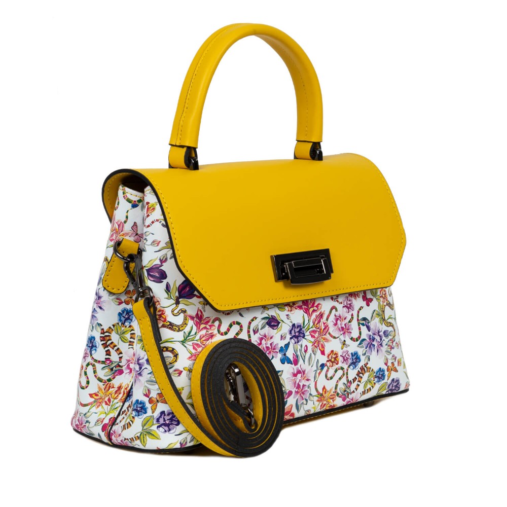 Geanta dama piele galben/flori multicolor GF1573