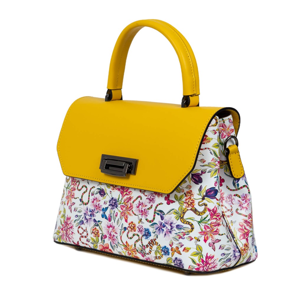 Geanta dama piele galben/flori multicolor GF1573