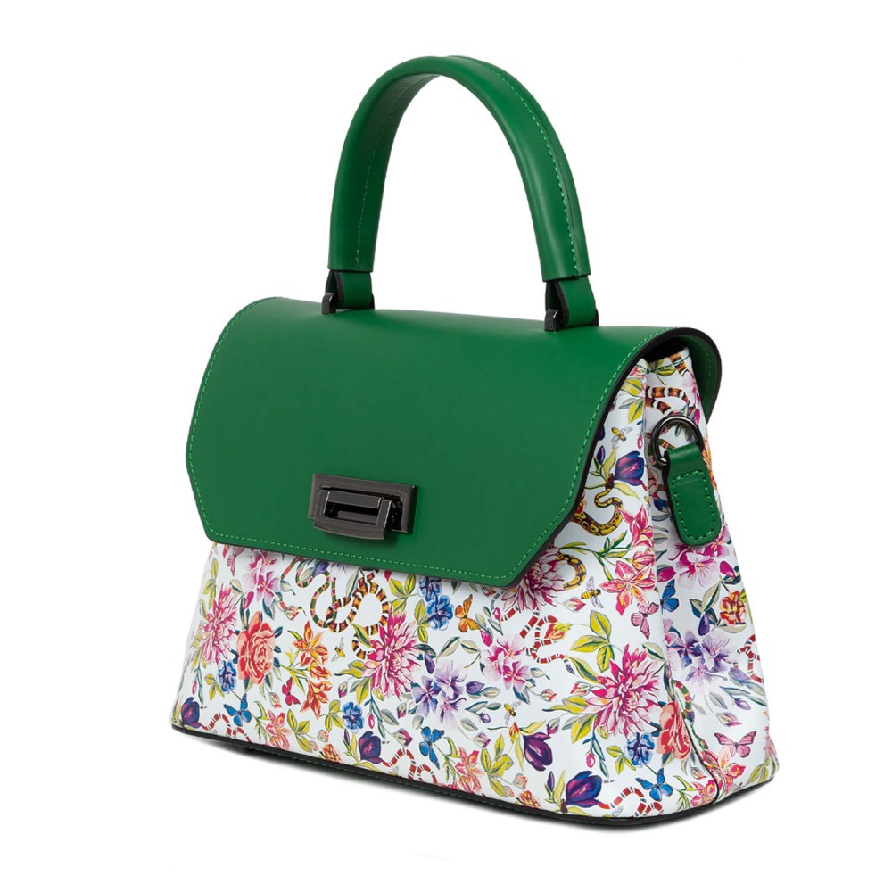 Geanta dama piele verde/flori multicolor GF1571